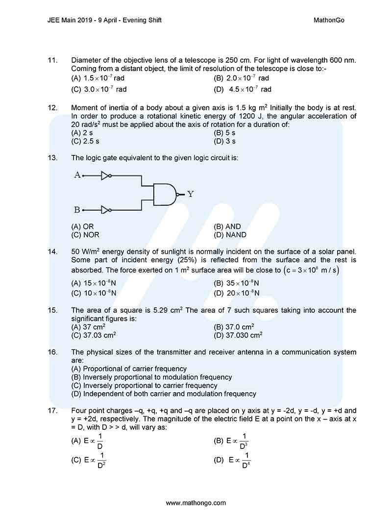 JEE Main 2019 Question Paper with Answer Keys (9th April – Evening ...