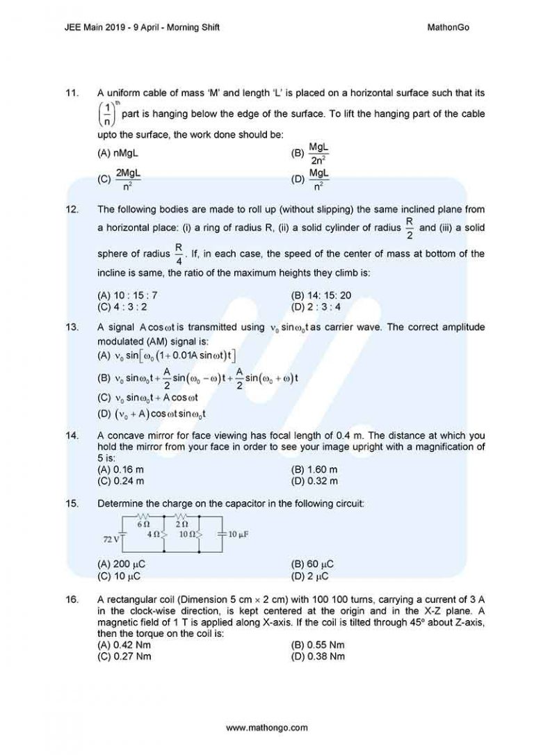 JEE Main 2019 Question Paper with Answer Keys (9th April – Morning ...