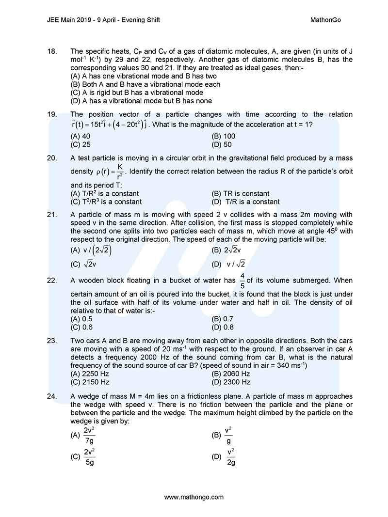 JEE Main 2019 Question Paper with Answer Keys (9th April – Evening ...