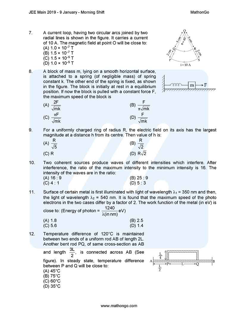 JEE Main 2019 Question Paper with Answer Keys (9th Jan – Morning ...