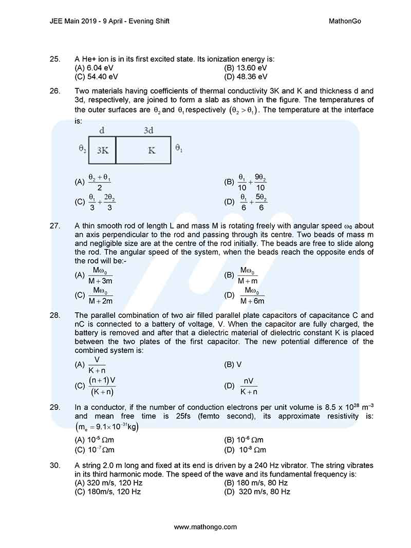 JEE Main 2019 Question Paper with Answer Keys (9th April – Evening ...