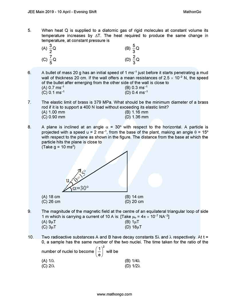 JEE Main 2019 Question Paper with Answer Keys (10th April – Evening ...