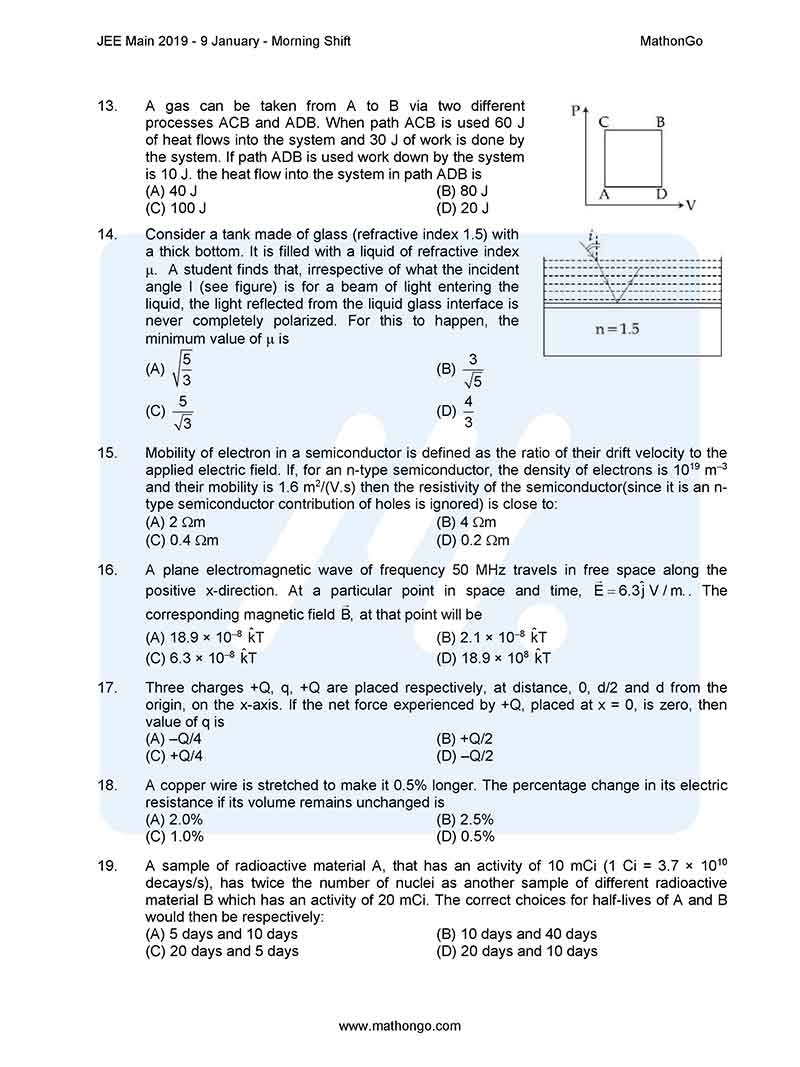 JEE Main 2019 Question Paper with Answer Keys (9th Jan – Morning ...