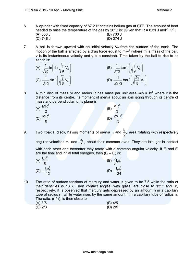 JEE Main 2019 Question Paper with Answer Keys (10th April – Morning ...