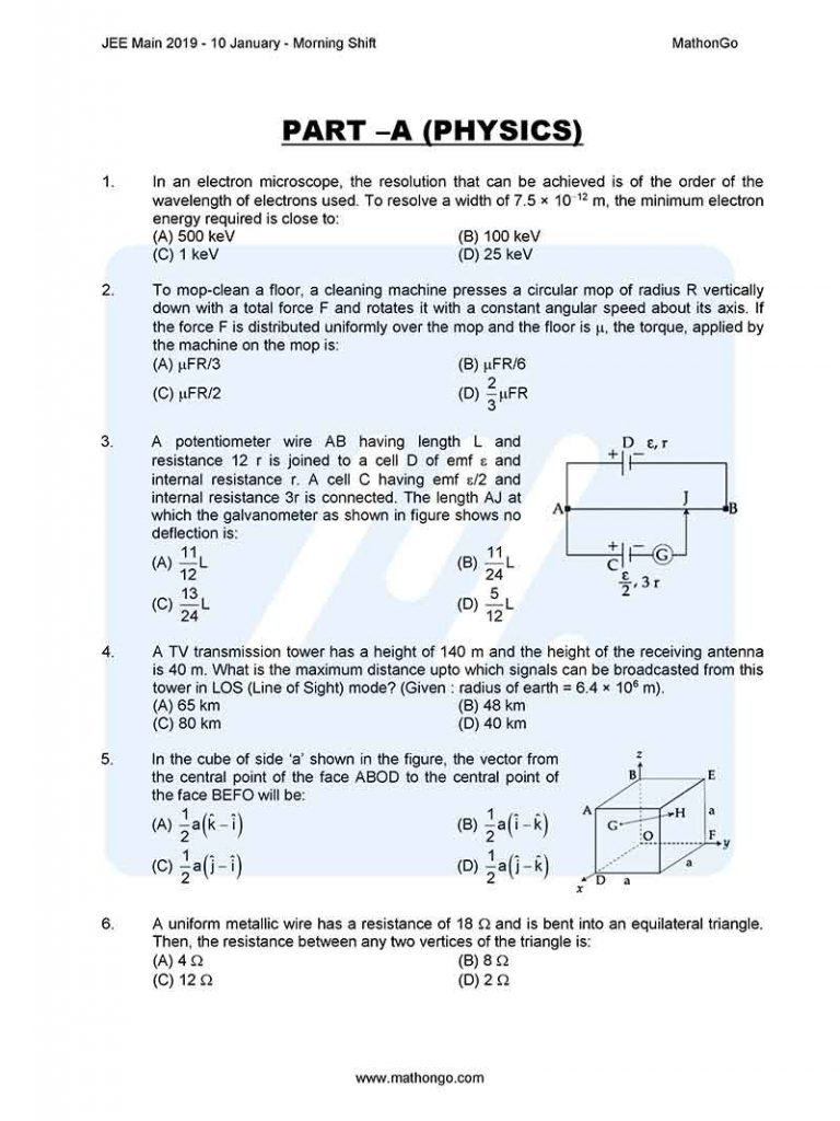 JEE Main 2019 Question Paper With Answer Keys 10th January Morning