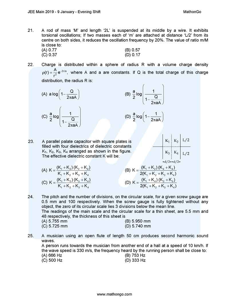JEE Main 2019 Question Paper with Answer Keys (9th Jan – Evening ...