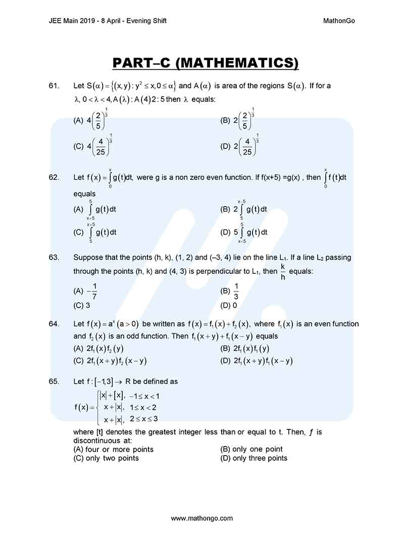 JEE Main 2019 Question Paper with Answer Keys (8th April – Evening ...