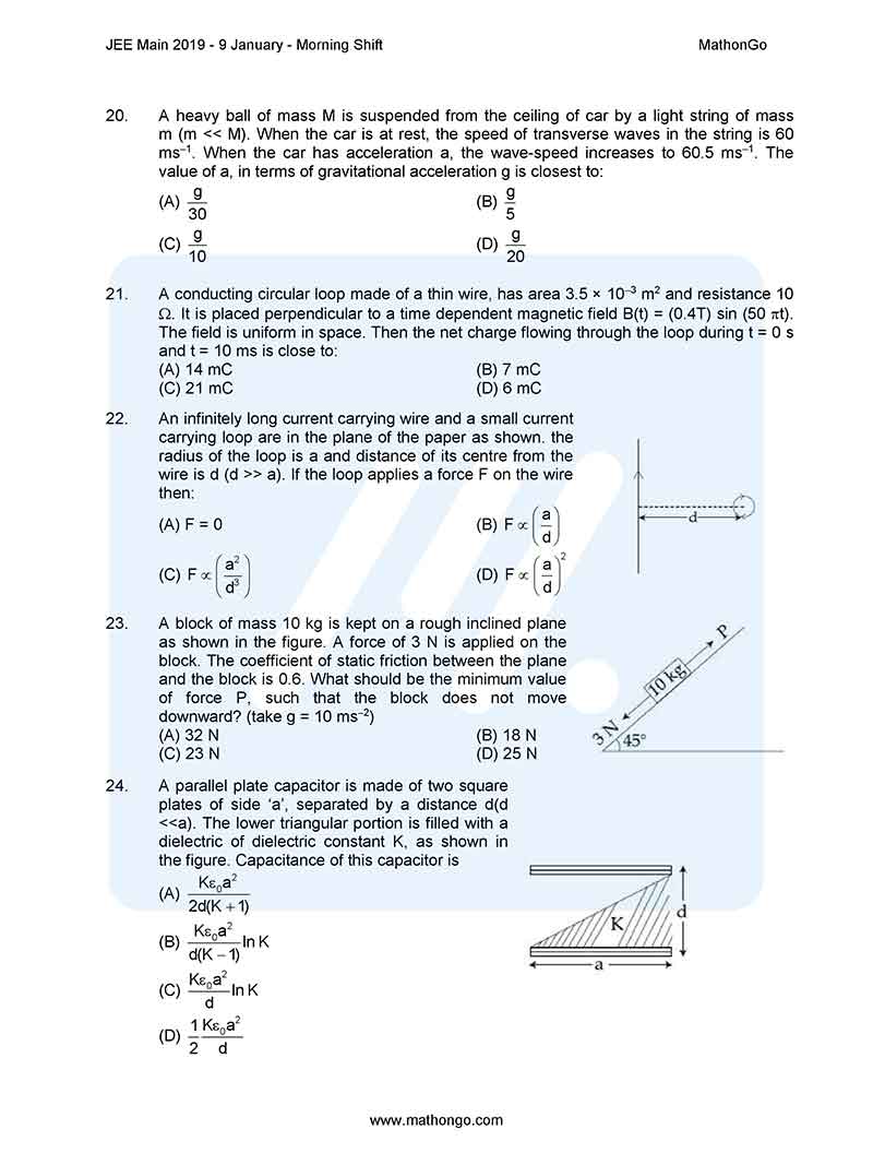 JEE Main 2019 Question Paper with Answer Keys (9th Jan – Morning ...