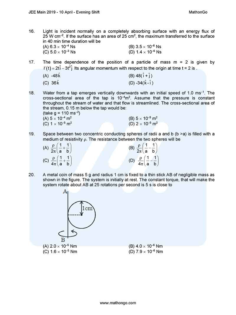 JEE Main 2019 Question Paper with Answer Keys (10th April – Evening ...