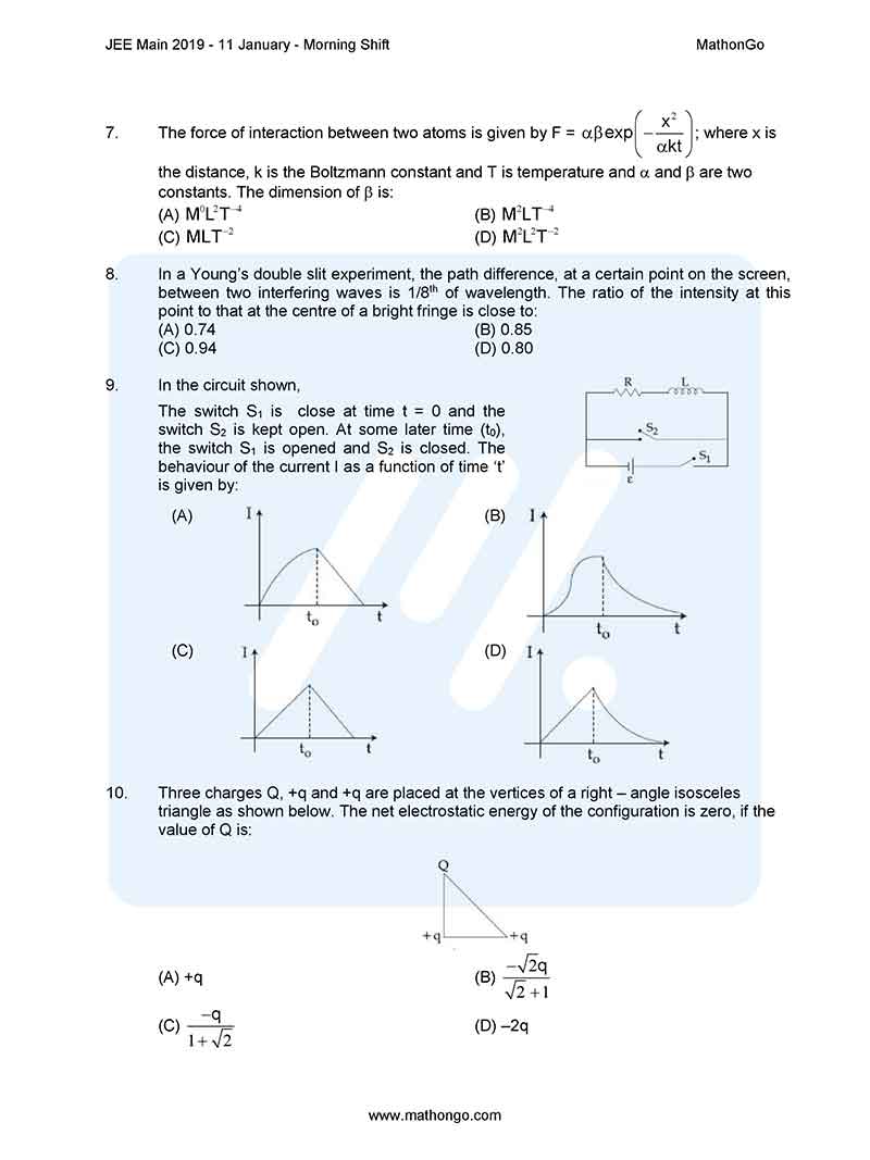 JEE Main 2019 Question Paper with Answer Keys (11th Jan – Morning ...