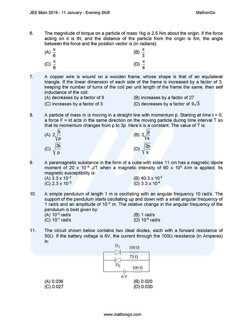 JEE Main 2019 Question Paper with Answer Keys (11th Jan – Evening ...