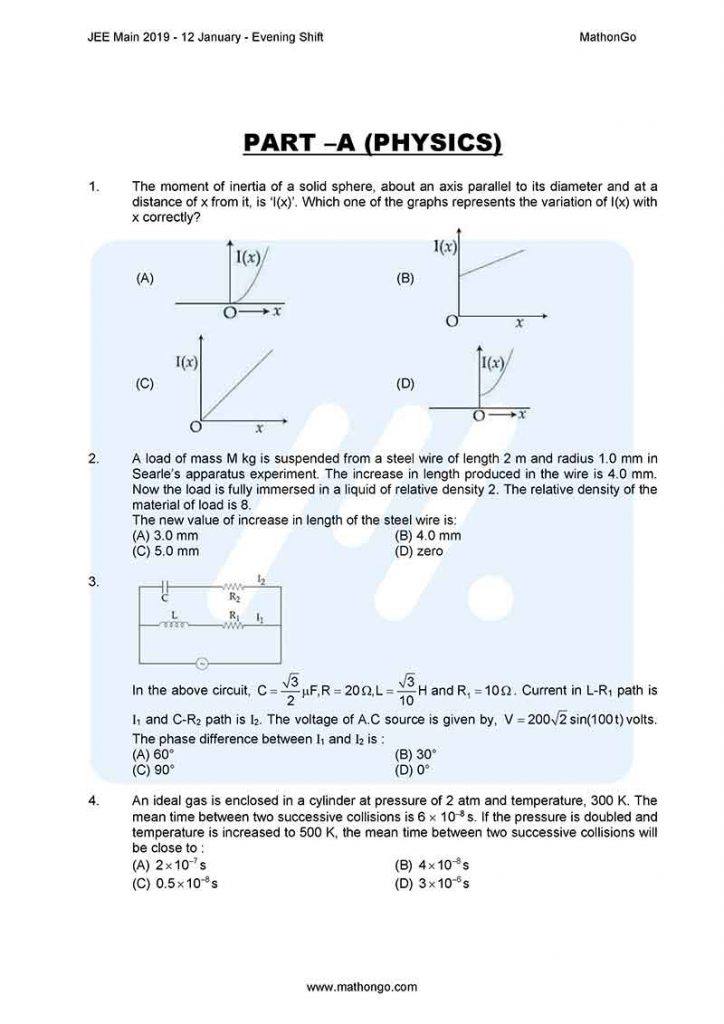 JEE Main 2019 Question Paper With Answer Keys 12th Jan Evening