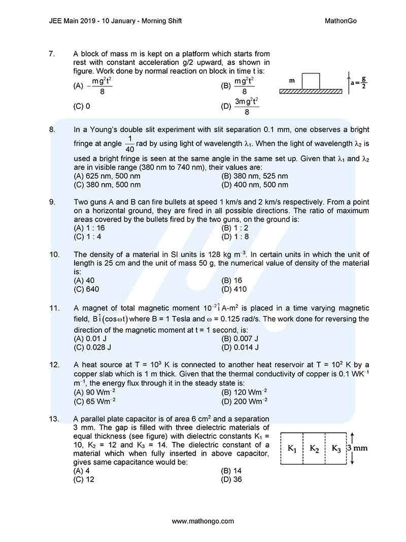 JEE Main 2019 Question Paper with Answer Keys (10th January – Morning) – MathonGo