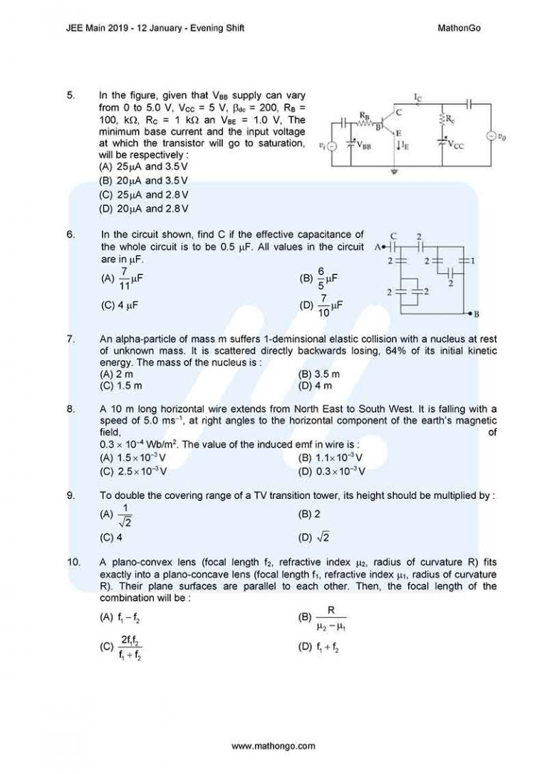 JEE Main 2019 Question Paper with Answer Keys (12th Jan – Evening ...