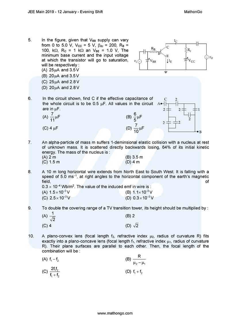JEE Main 2019 Question Paper with Answer Keys (12th Jan – Evening ...