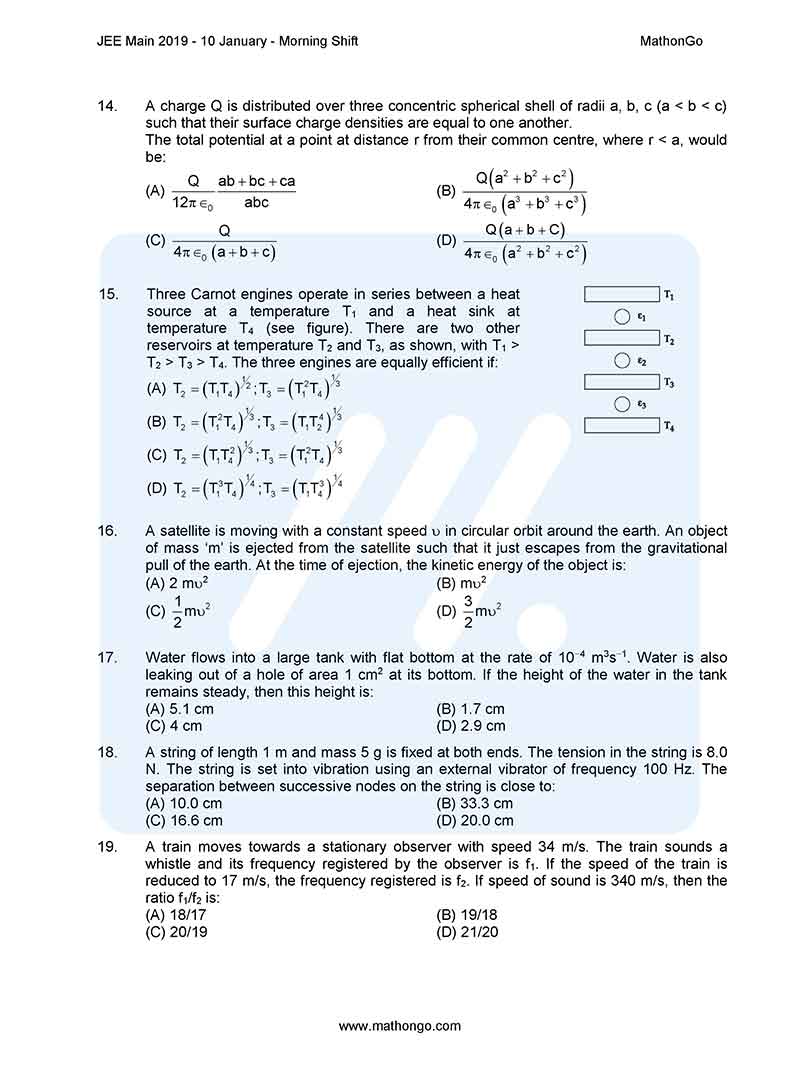 JEE Main 2019 Question Paper with Answer Keys (10th January – Morning) – MathonGo