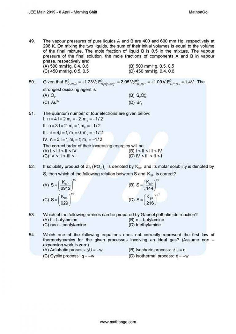JEE Main 2019 Question Paper with Answer Keys (8th April – Morning ...