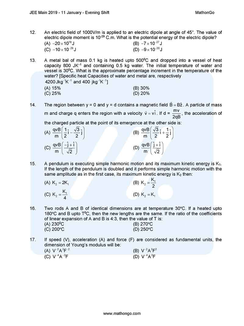 JEE Main 2019 Question Paper with Answer Keys (11th Jan – Evening) – MathonGo