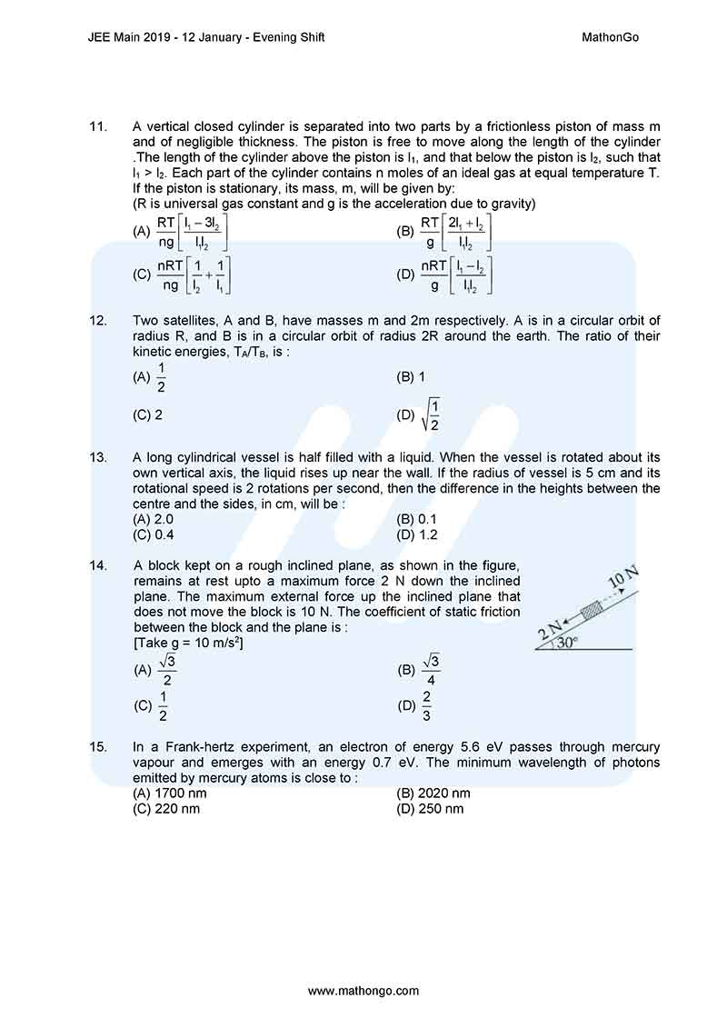 JEE Main 2019 Question Paper with Answer Keys (12th Jan – Evening ...