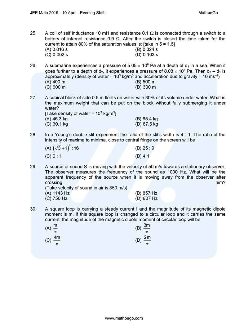JEE Main 2019 Question Paper with Answer Keys (10th April – Evening ...