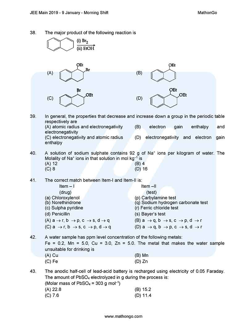 JEE Main 2019 Question Paper With Answer Keys 9th Jan Morning