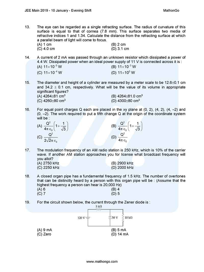 JEE Main 2019 Question Paper with Answer Keys (10th January – Evening ...