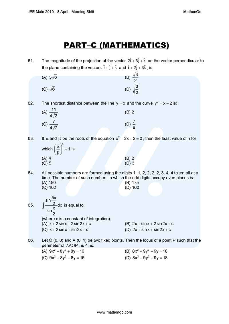 JEE Main 2019 Question Paper with Answer Keys (8th April – Morning ...