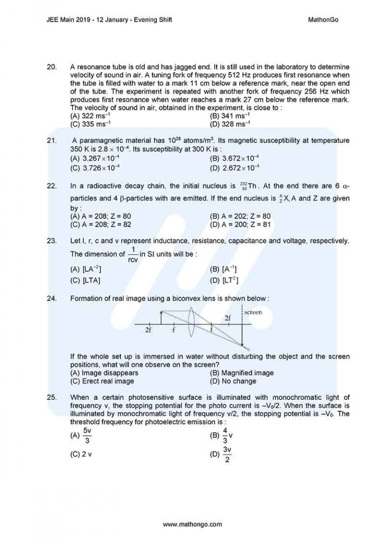 JEE Main 2019 Question Paper with Answer Keys (12th Jan – Evening ...