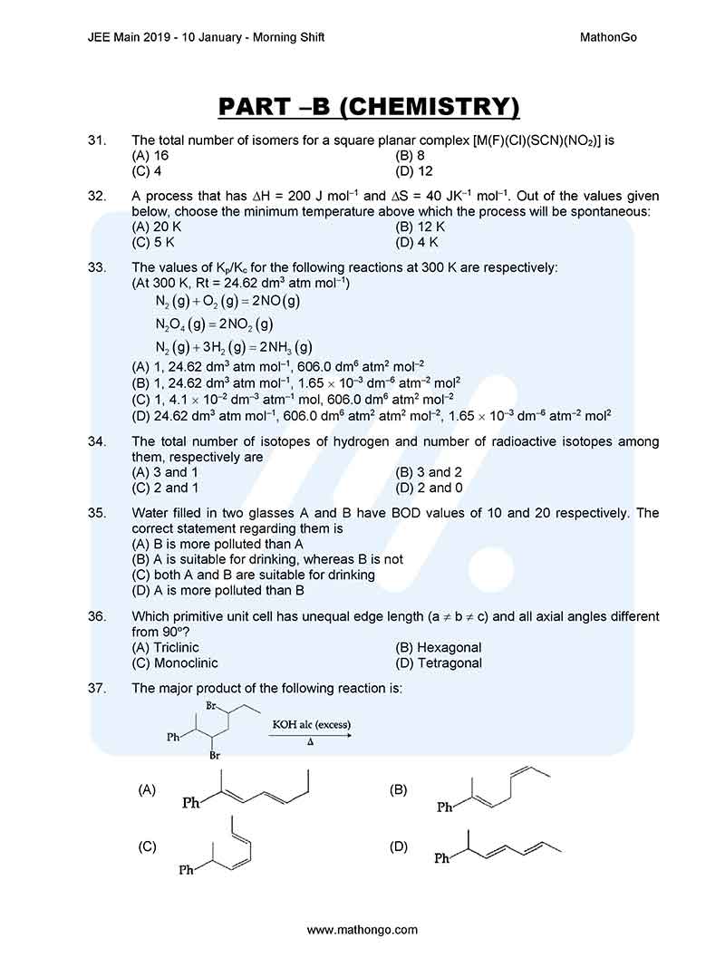 JEE Main 2019 Question Paper with Answer Keys (10th January – Morning) – MathonGo