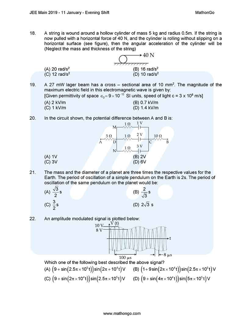 JEE Main 2019 Question Paper with Answer Keys (11th Jan – Evening ...