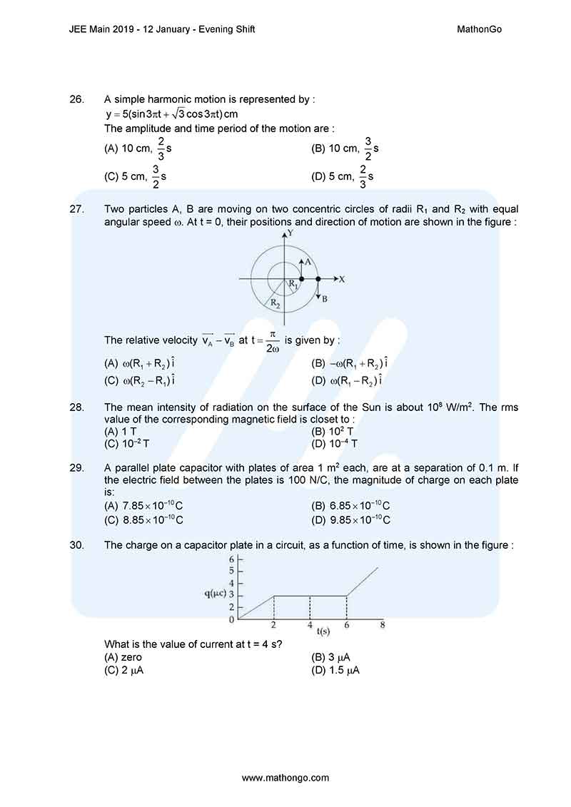 JEE Main 2019 Question Paper with Answer Keys (12th Jan – Evening ...