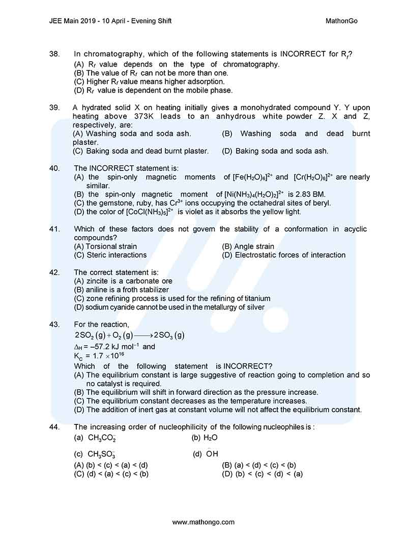 JEE Main 2019 Question Paper with Answer Keys (10th April – Evening ...