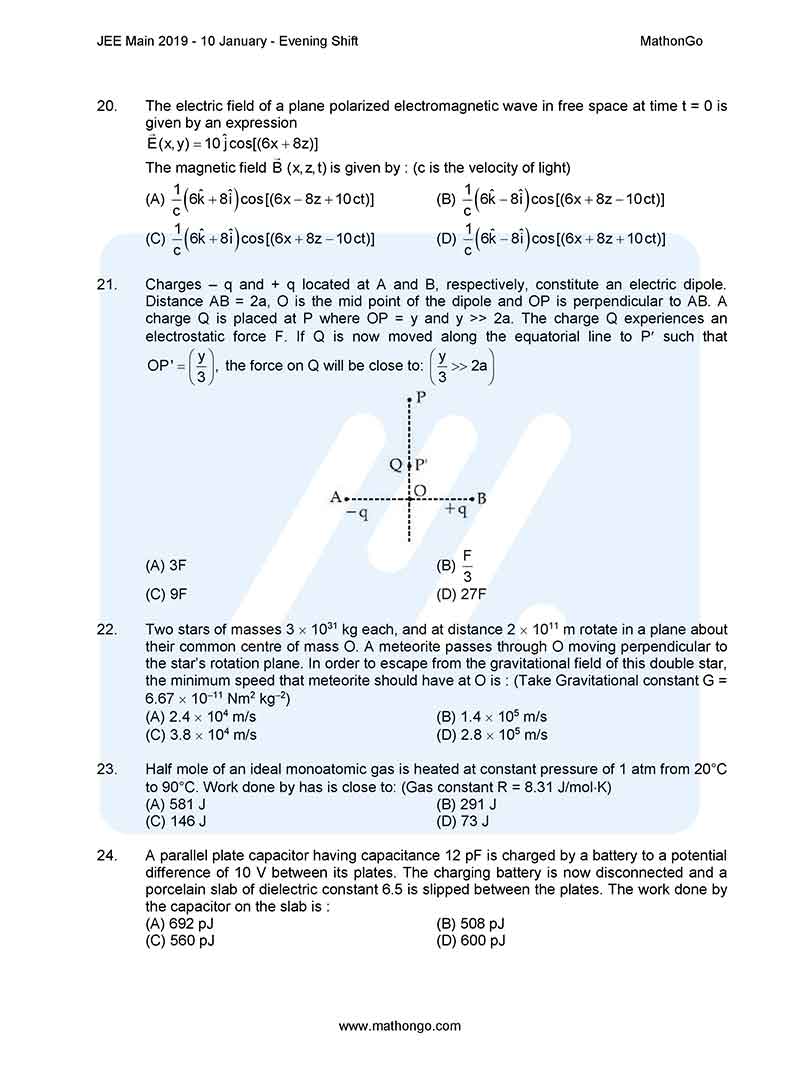 JEE Main 2019 Question Paper with Answer Keys (10th January – Evening ...