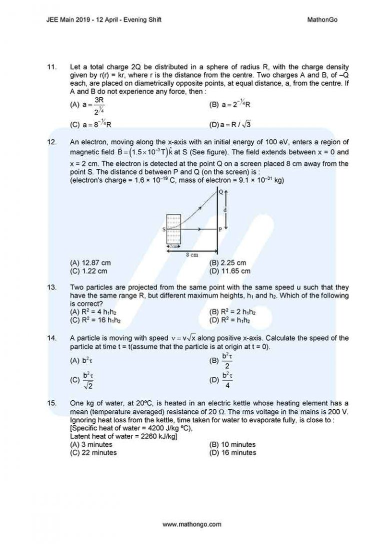 JEE Main 2019 Question Paper with Answer Keys – (12th April – Evening ...