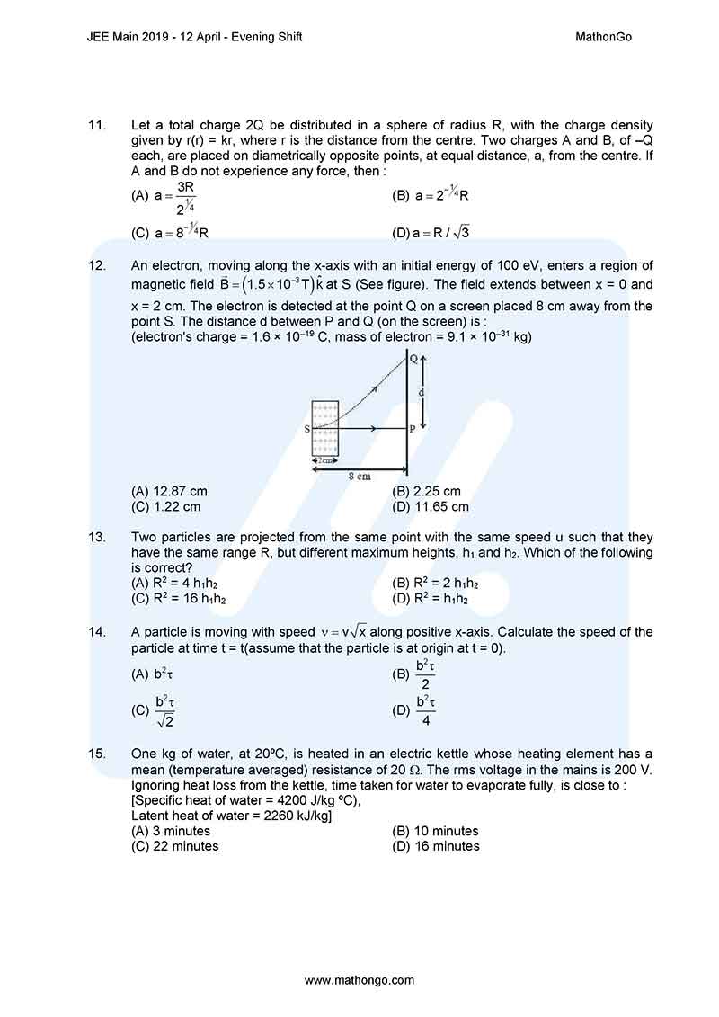 JEE Main 2019 Question Paper with Answer Keys – (12th April – Evening ...