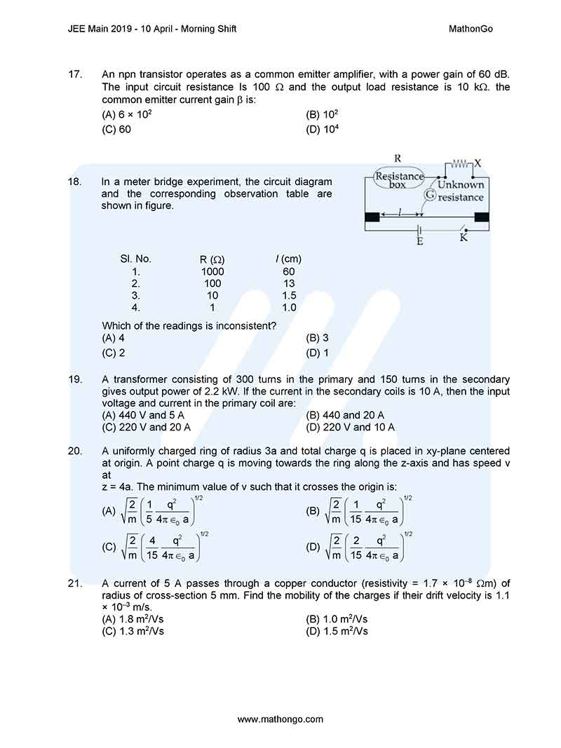 JEE Main 2019 Question Paper with Answer Keys (10th April – Morning ...