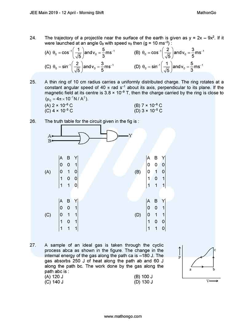JEE Main 2019 Question Paper with Answer Keys (12th April – Morning ...