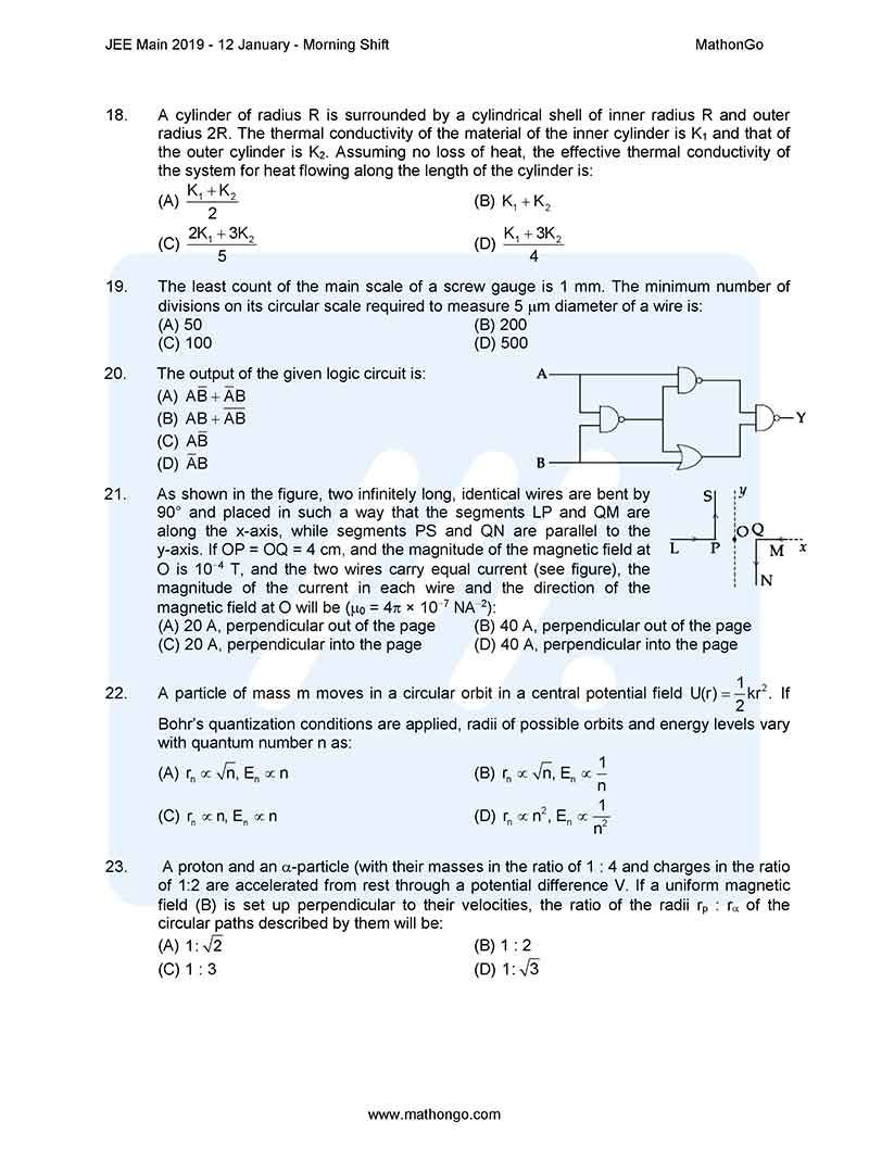 JEE Main 2019 Question Paper with Answer Keys (12th Jan – Morning ...