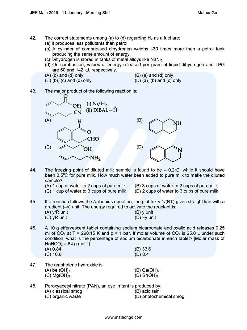 JEE Main 2019 Question Paper with Answer Keys (11th Jan – Morning ...