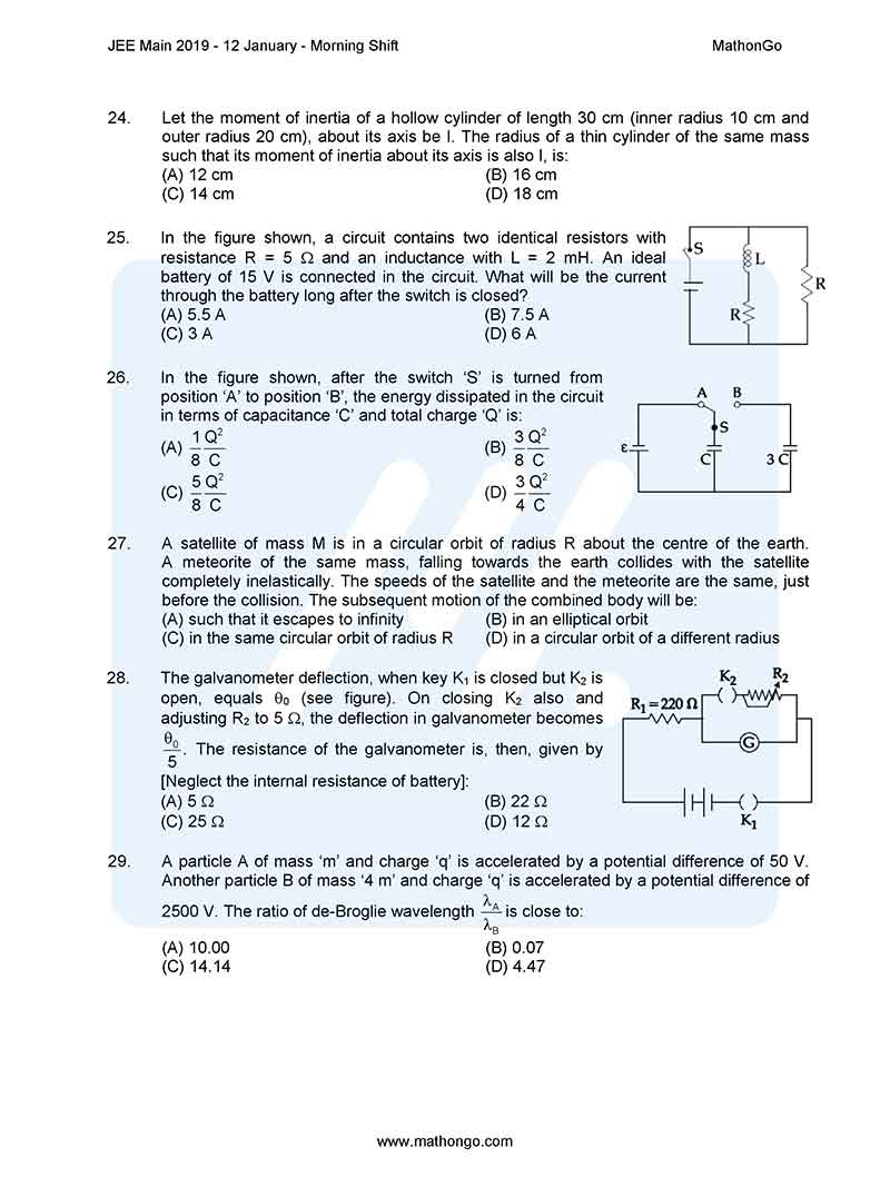 JEE Main 2019 Question Paper with Answer Keys (12th Jan – Morning ...
