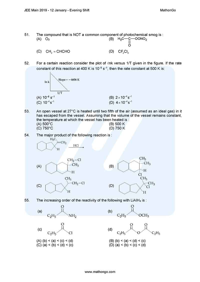 JEE Main 2019 Question Paper with Answer Keys (12th Jan – Evening ...