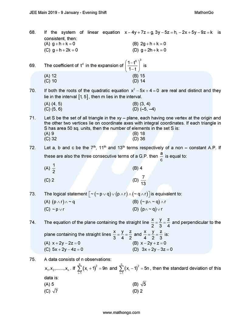 JEE Main 2019 Question Paper with Answer Keys (9th Jan – Evening ...