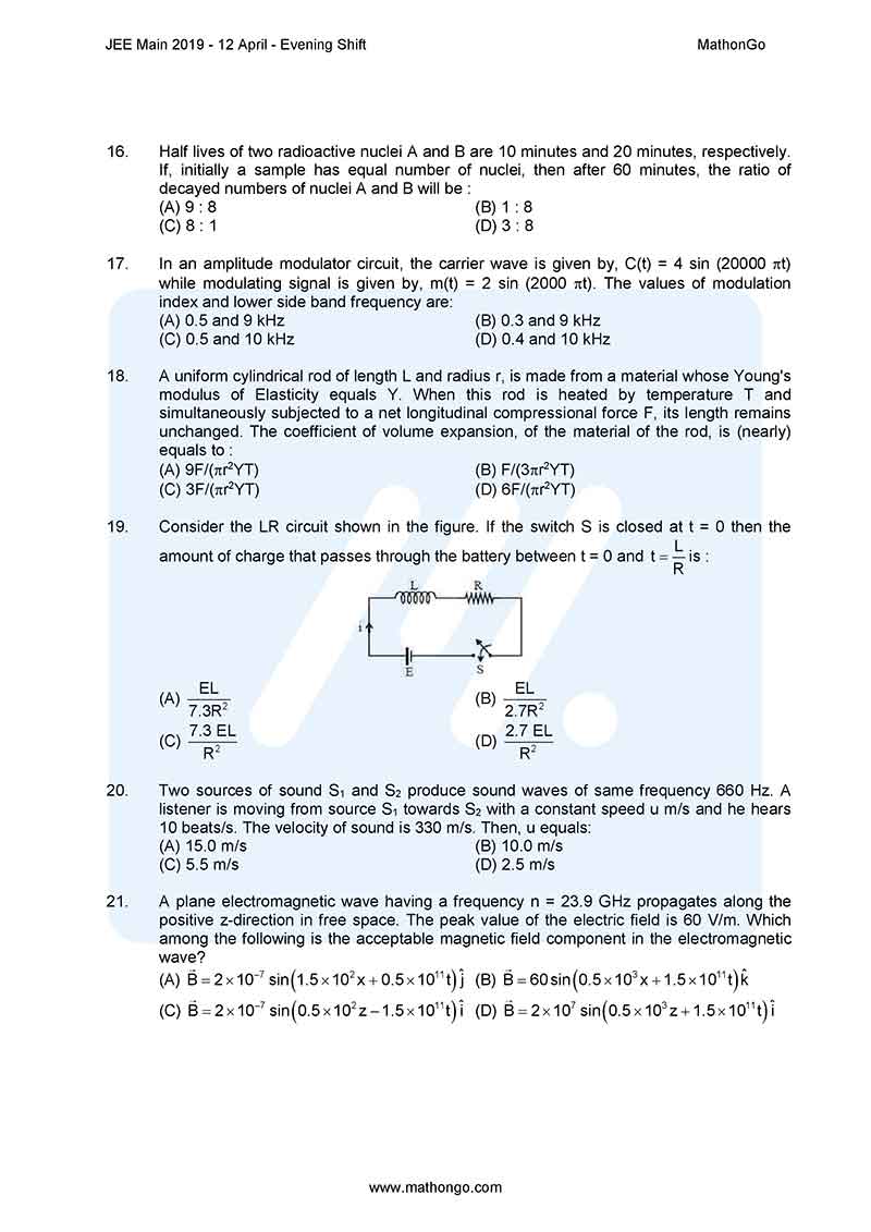 JEE Main 2019 Question Paper with Answer Keys – (12th April – Evening ...