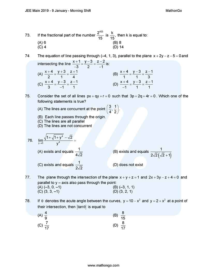 JEE Main 2019 Question Paper with Answer Keys (9th Jan – Morning ...