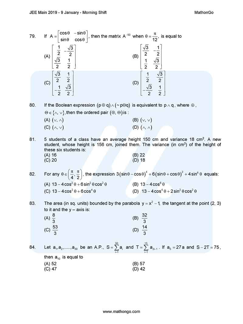 JEE Main 2019 Question Paper with Answer Keys (9th Jan – Morning ...