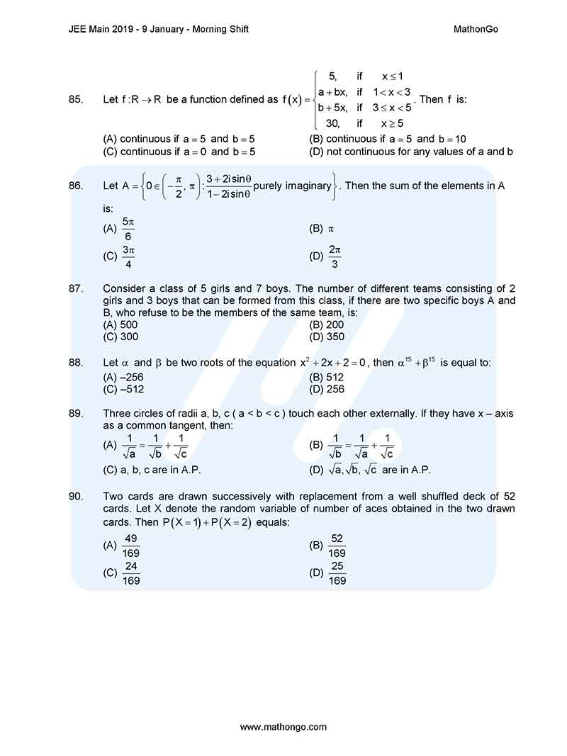 JEE Main 2019 Question Paper with Answer Keys (9th Jan – Morning ...