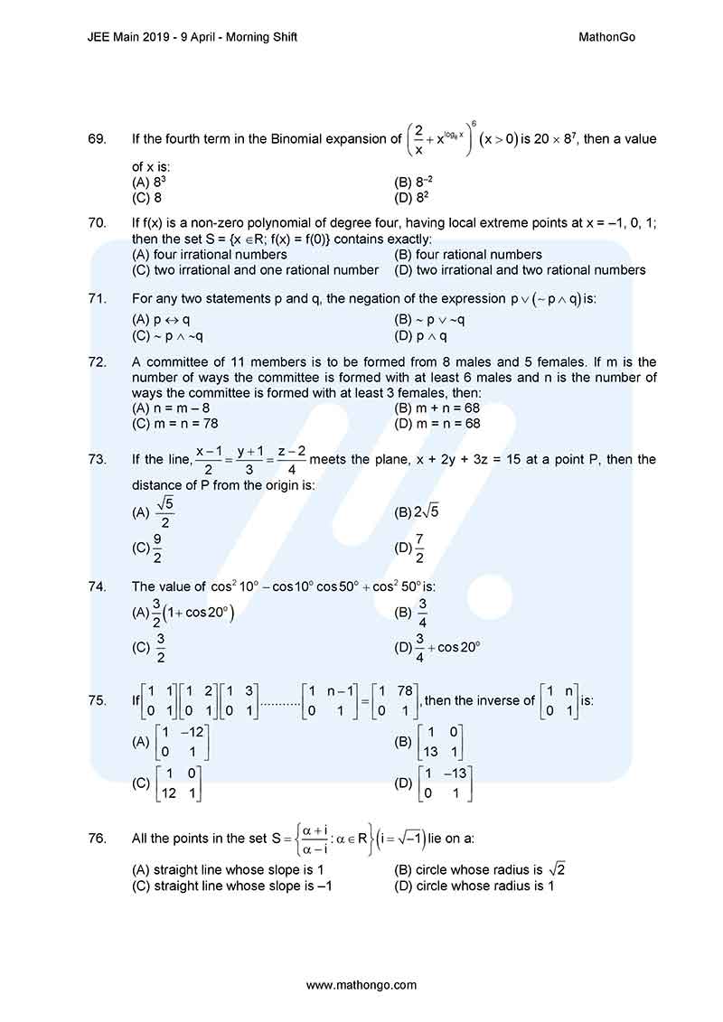 JEE Main 2019 Question Paper with Answer Keys (9th April – Morning ...