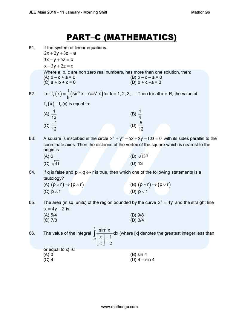 JEE Main 2019 Question Paper with Answer Keys (11th Jan – Morning ...