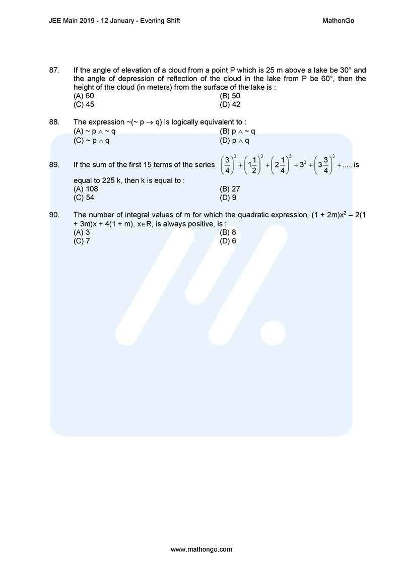 JEE Main 2019 Question Paper with Answer Keys (12th Jan – Evening ...