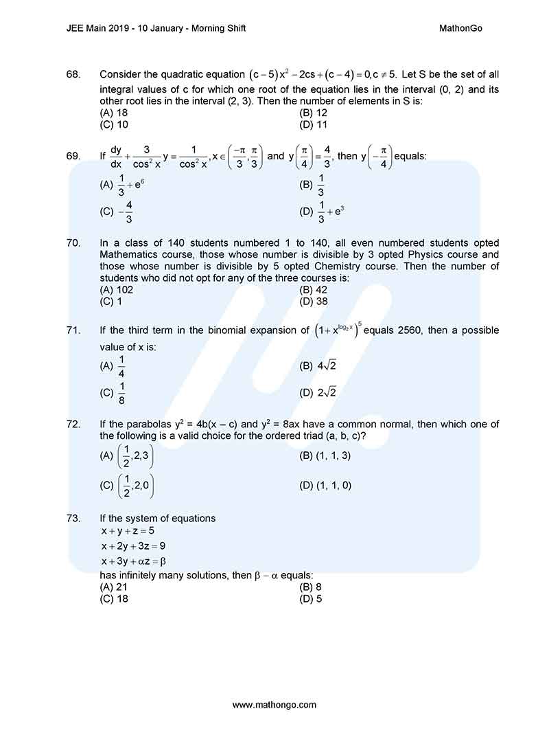 JEE Main 2019 Question Paper with Answer Keys (10th January – Morning ...